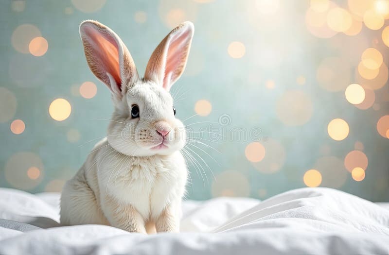 Cute White Rabbit Sitting on Soft Fabric with Gentle Lighting and Bokeh ...