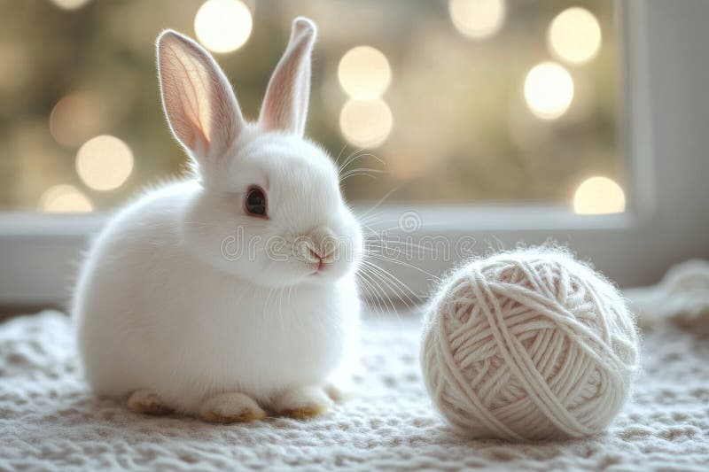 Cute White Rabbit Sitting beside a Yarn Ball by the Window with ...