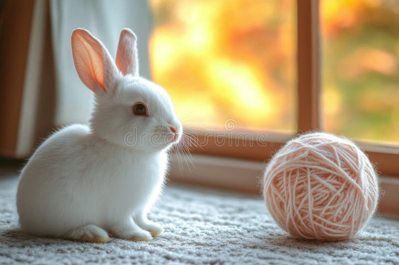 Cute White Rabbit Sitting beside a Yarn Ball by the Window with ...