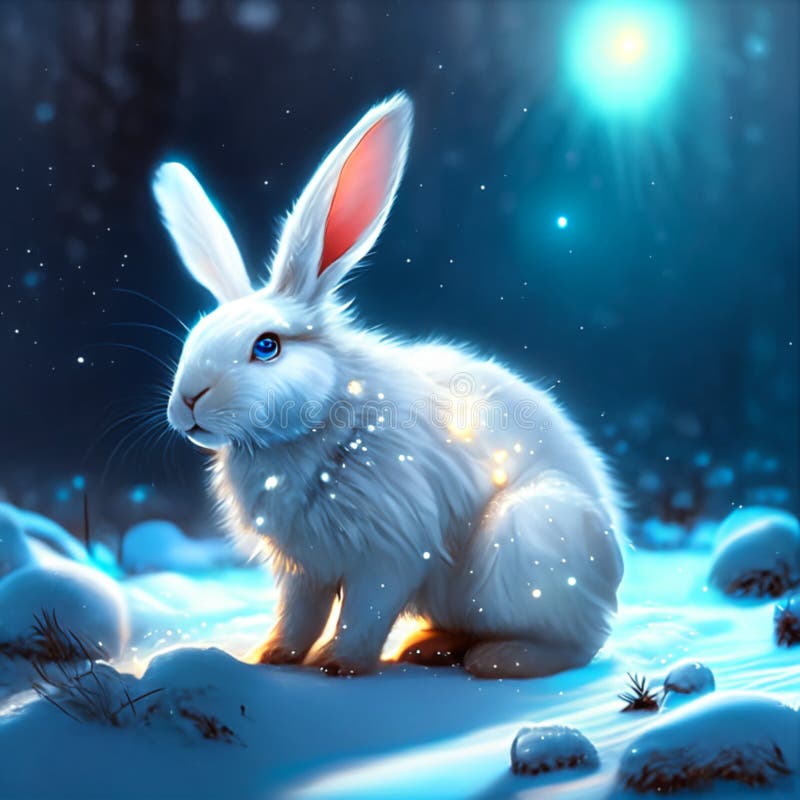 Cute White Rabbit in Snowy Forest at Night. 3d Rendering AI Generated ...