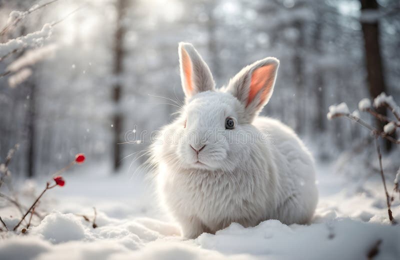 Cute White Rabbit in Snowy Winter Forest Stock Image - Image of vector ...