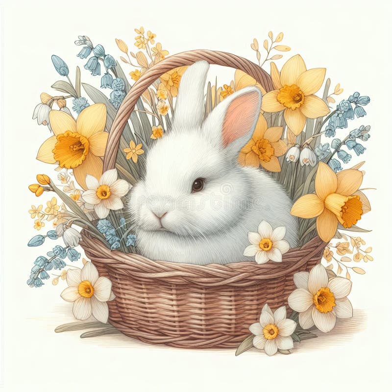 Cute White Rabbit in Spring Decor Stock Illustration - Illustration of ...