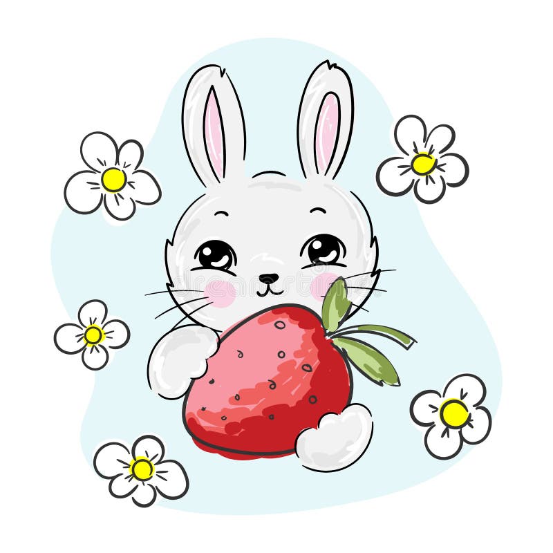 Cute White Rabbit with Strawberry Print for Kids Design Stock Vector ...