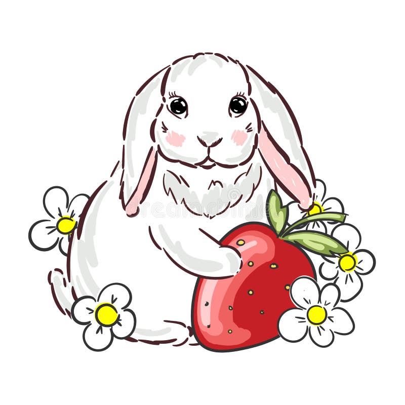 Cute White Rabbit with Strawberry Print for Kids Design Stock Vector ...