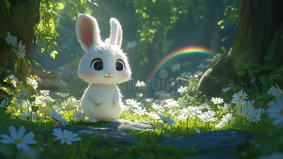 Cute White Rabbit in a Sunny Forest Glade Stock Illustration ...