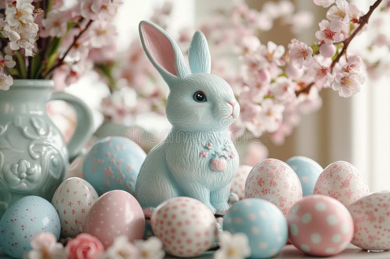 Cute White Rabbit Surrounded by Pastel Colored Eggs and Cherry Blossoms ...
