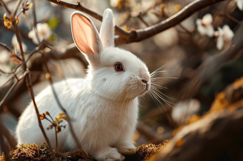 Cute White Rabbit on a Tree in the Garden. Stock Illustration ...