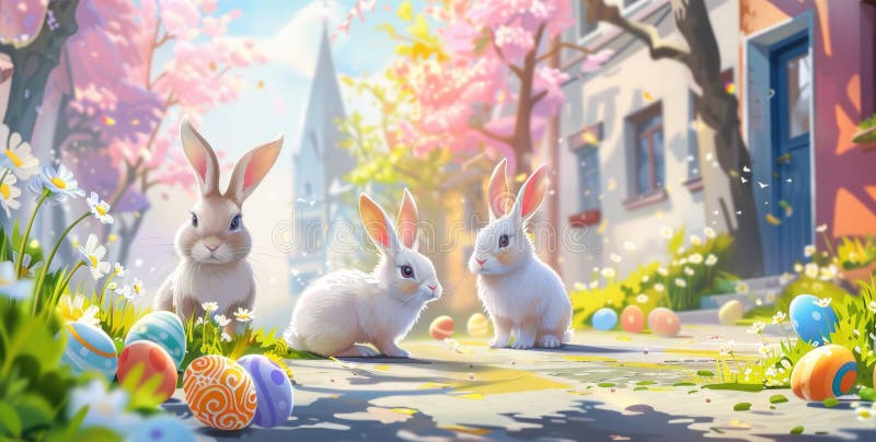 Cute White Rabbits in the Easter Egg Hunt. Stock Illustration ...