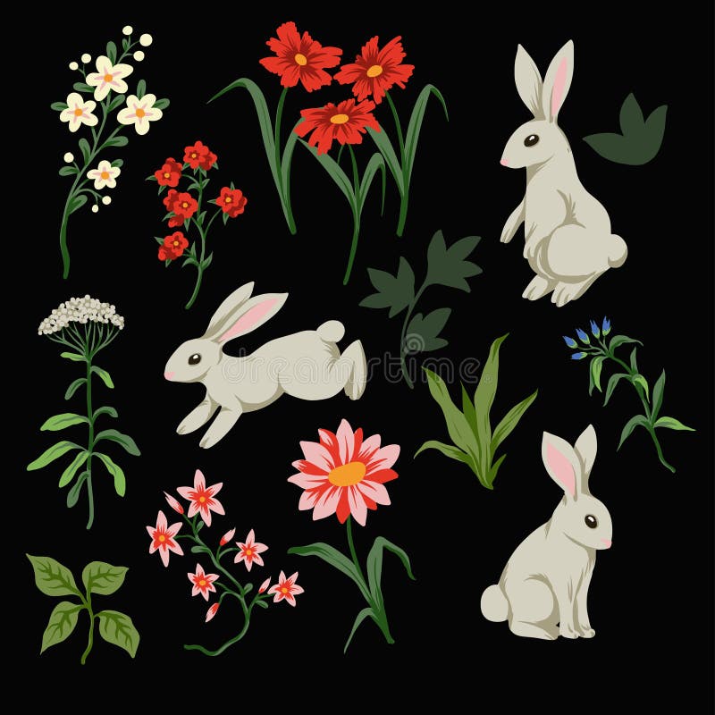 Cute White Rabbits and Flowers Isolated. Vector. Stock Vector ...