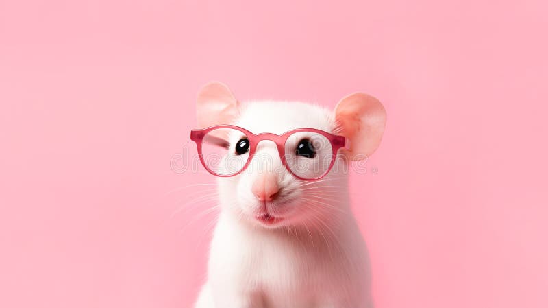 Cute White Rat with Glasses on a Pink Background with Copyspace Stock ...