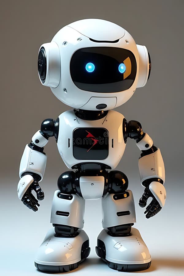A Cute, White Robot with Blue Eyes Stands Against a Neutral Background ...
