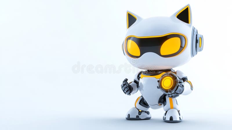 Cute White Robot with Cat Ears Posing on White Background Stock ...