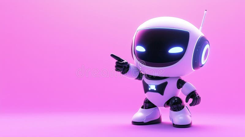 White Friendly Robot Pointing with Finger on Pink Background Stock ...