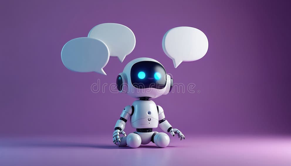 Cute White Robot with Speech Bubbles on Purple Background. Robot Chat, Ai, Artificial ...