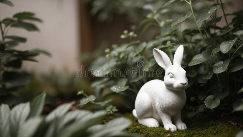A Cute White Stone Rabbit Statue in the Garden Stock Photo - Image of ...