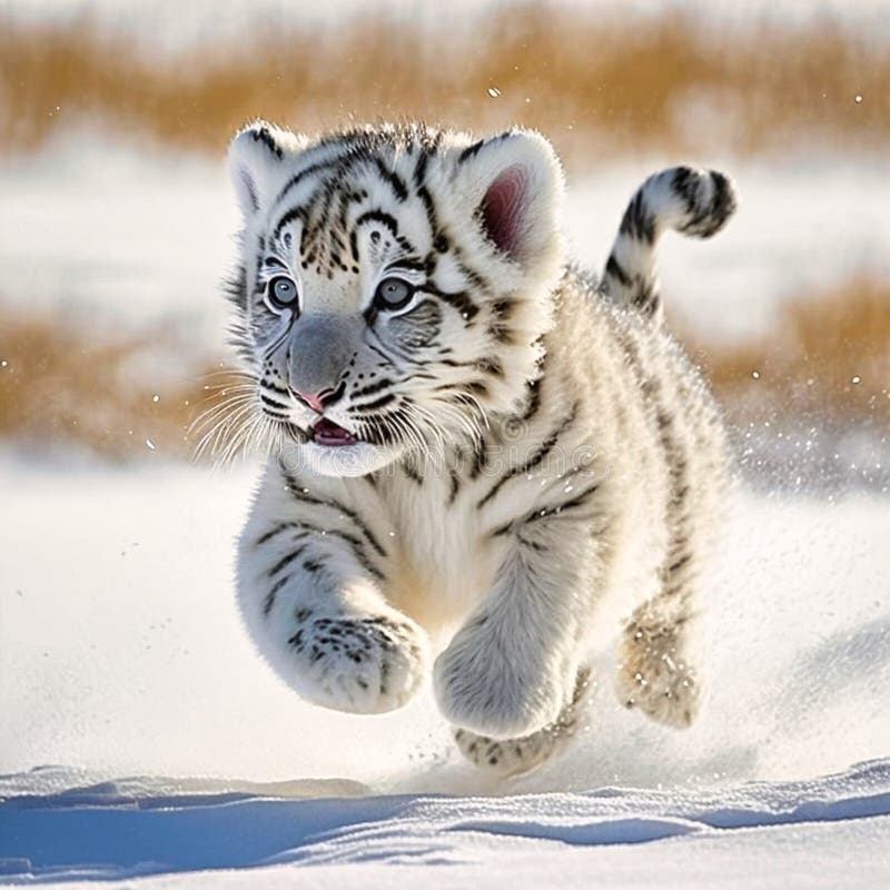 Cute White Tiger Running in the Snow, Generative AI Stock Illustration ...