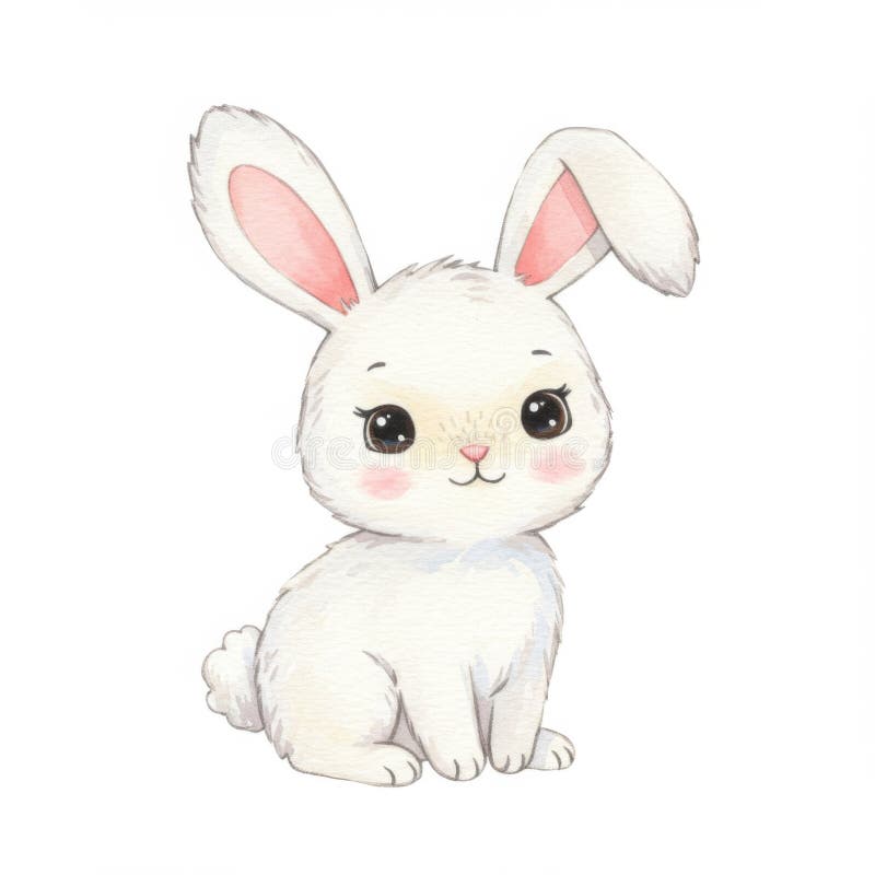 Cute White Watercolor Rabbit Illustration on White Background with Soft ...