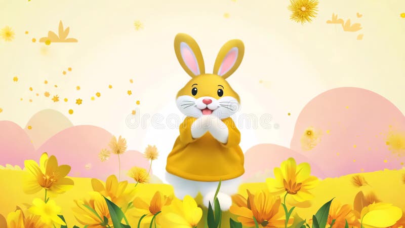 A Cute White and Yellow Rabbit is Jumping in a Meadow with Yellow ...