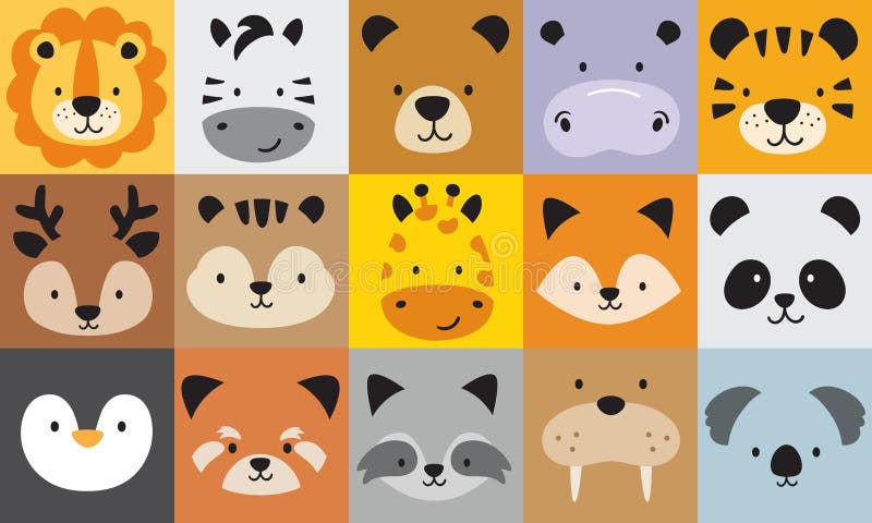 Cute Wild Animal Faces in Square Blocks Vector Illustration Stock ...