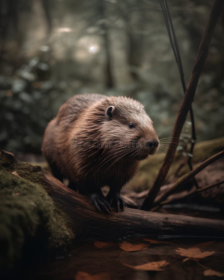 Cute Wild Beaver Standing on a Log in the Forest. Stock Illustration ...