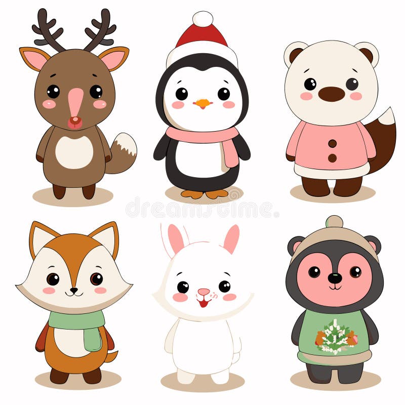 Cute Winter Animals Cartoon Illustration Stock Vector - Illustration of ...