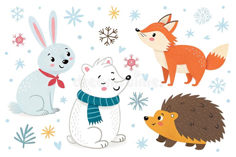 Cute Winter Animals Rabbit, Fox, Polar Bear, Hedgehog Stock ...