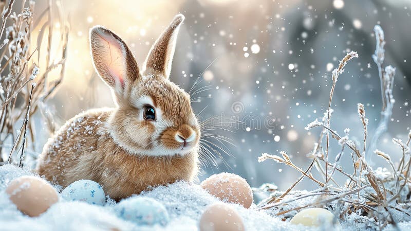 Cute Winter Bunny Surrounded by Colorful Easter Eggs in Soft Snowfall ...