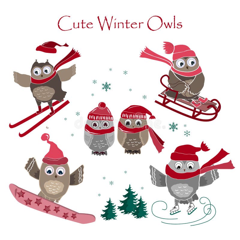 Cute Winter Owls Collection. Vector Illustration Stock Vector ...