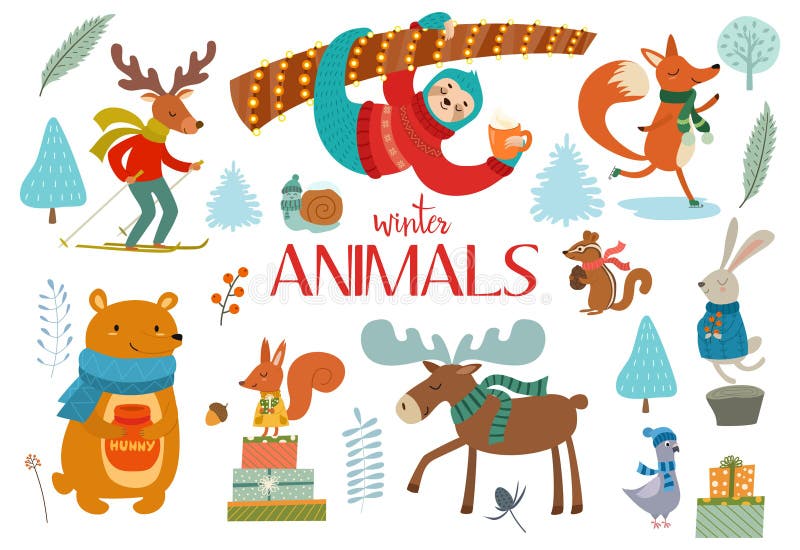 Cute Winter Wild Animals and Floral Elements. Ideas for Postcards and ...