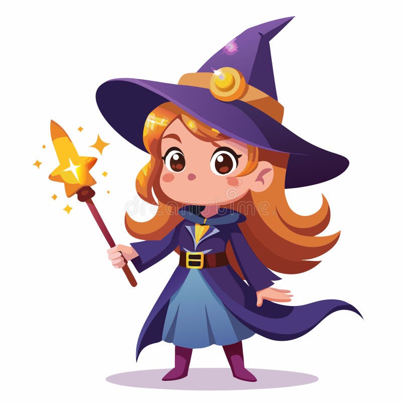 Cute Witch Casting a Spell with Her Wand, Digital Illustration Stock ...