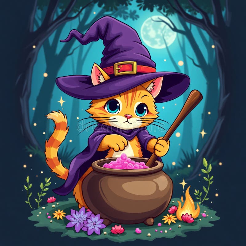 Cute Witch Cat Brewing Magic Potion in Forest Stock Illustration ...