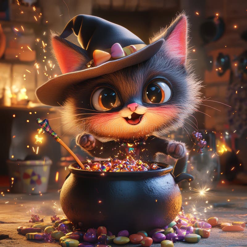 Cute Witch Cat Making Potion Stock Illustration - Illustration of ...