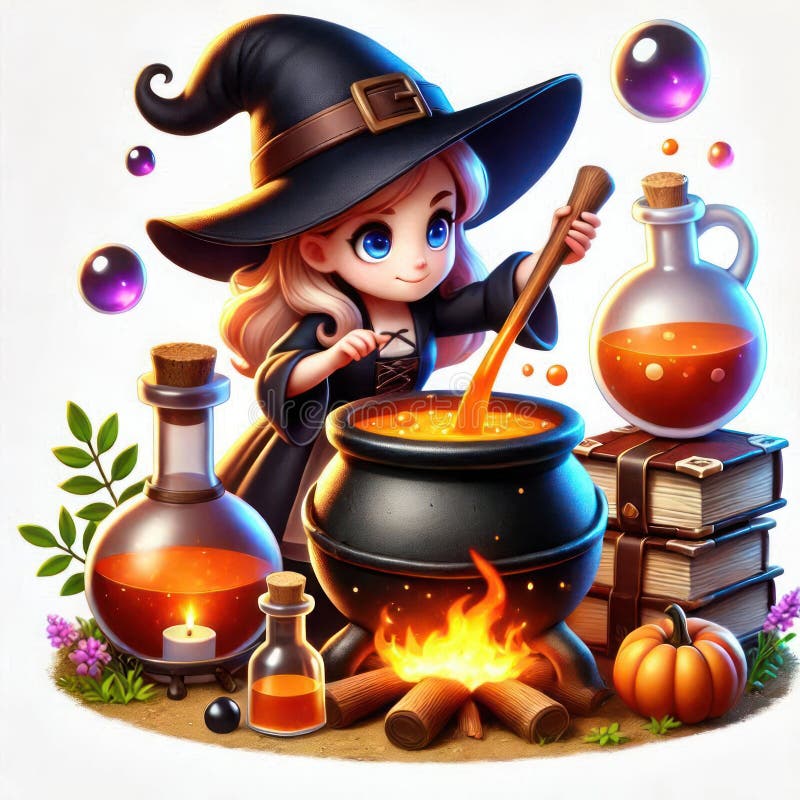 A Cute Witch with a Cauldron and Magic Bubbles Surrounded by Books and ...