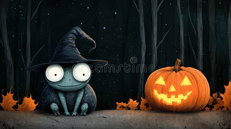 Cute Witch Frog with a Pumpkin Under a Dark Spooky Night Sky Stock ...