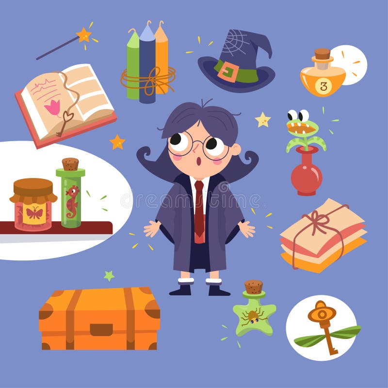 Cute Witch Girl with Magic Wand, Hat, Items on Blue Background ...