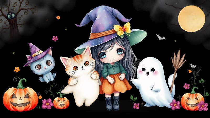 Cute Witch with Her Pets Celebrates Halloween in a Magical Stock ...