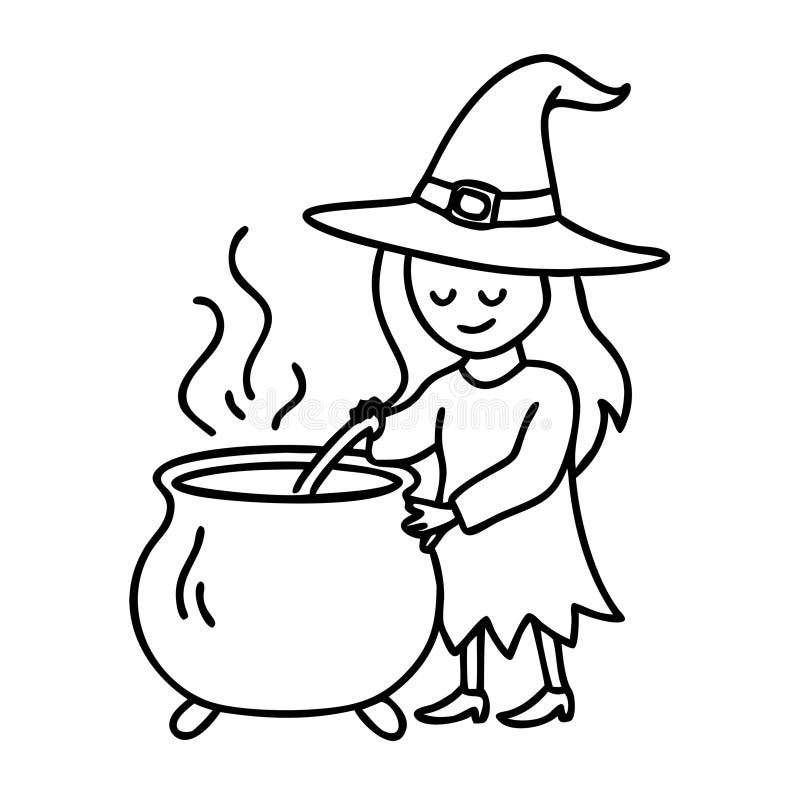 Cute Witch Stirring Cauldron Vector for Halloween Crafts and Coloring ...
