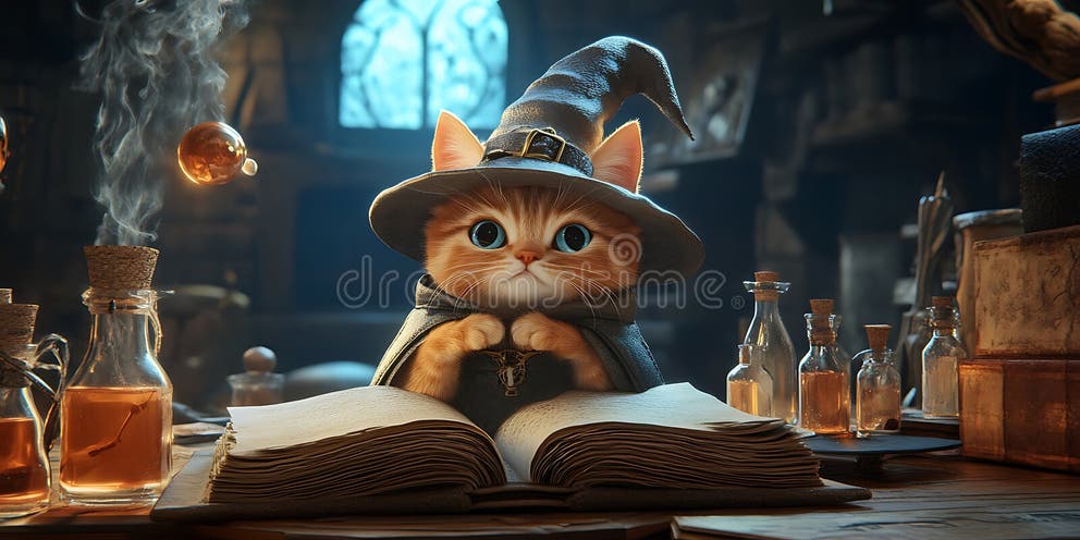 Cute Wizard Cat Fantasy Art Stock Illustration - Illustration of ...