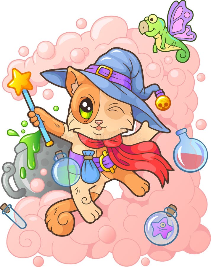 Cute Wizard Cat, Funny Illustration Stock Vector - Illustration of ...