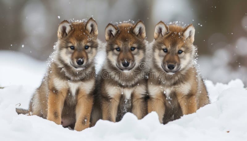 Cute 3 Wolf Babies Sitting in Snow, Looking at Camera with Focus Stock ...