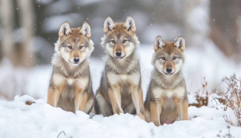 Cute 3 Wolf Babies Sitting in Snow, Looking at Camera with Focus Stock ...