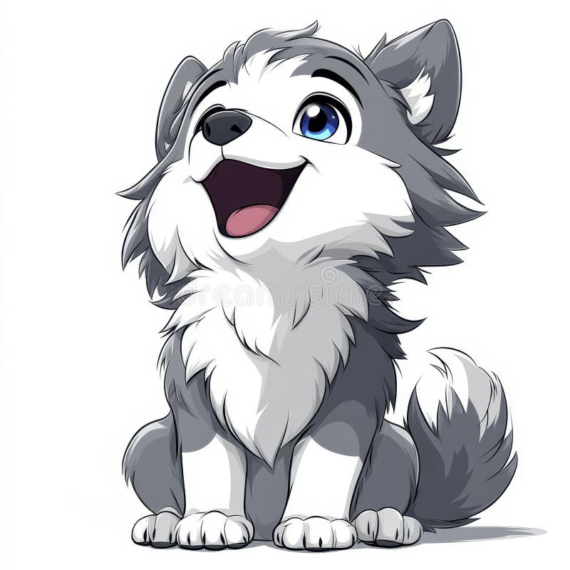 Cute Wolf Character with Joyful Expression, Sitting Happily Stock ...