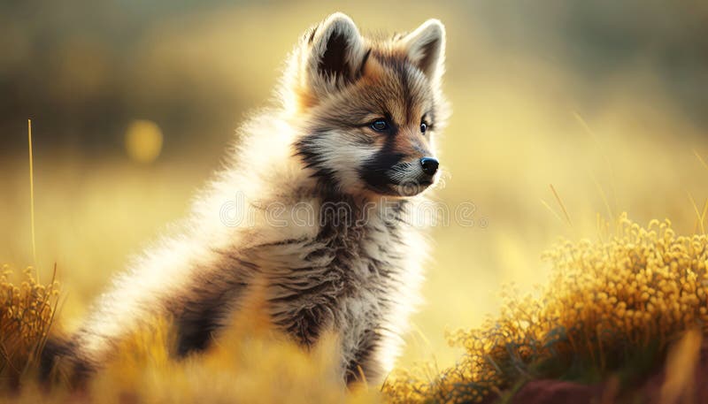 Cute Wolf Cub in Meadow: Playful Pup in the Summer Sun. Generative AI ...