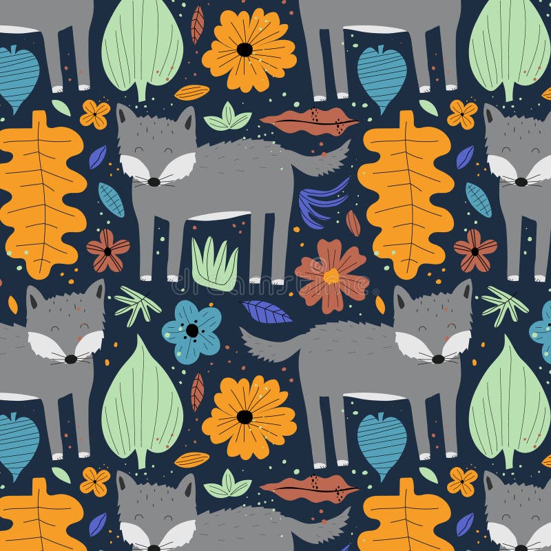 Cute Wolf Hand Drawn Flat Vector Seamless Pattern. Stock Vector ...