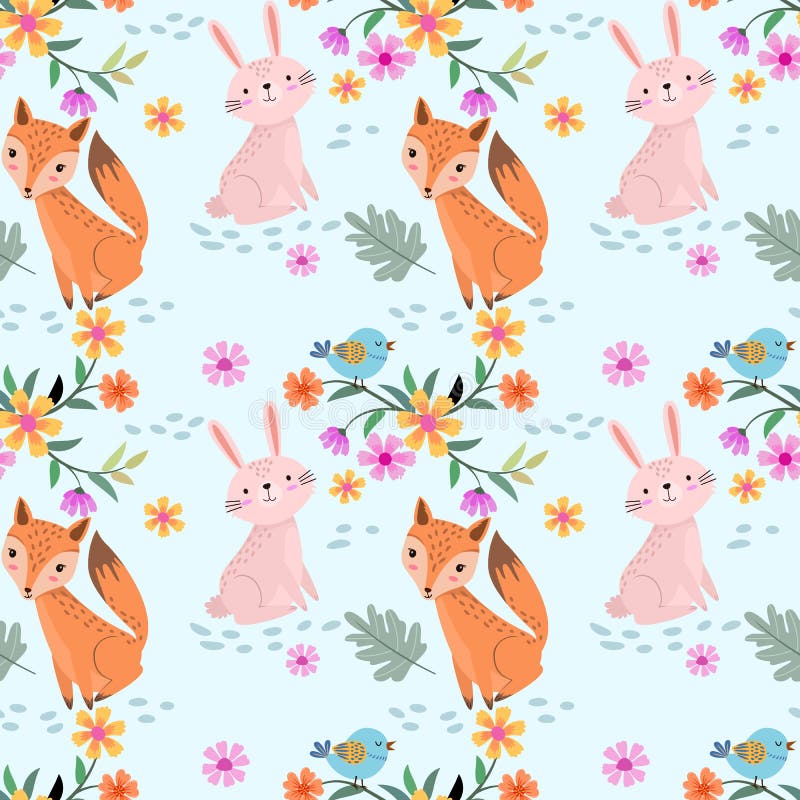 Cute Wolf and Rabbit in Flowers Garden Seamless Pattern. Stock Vector ...