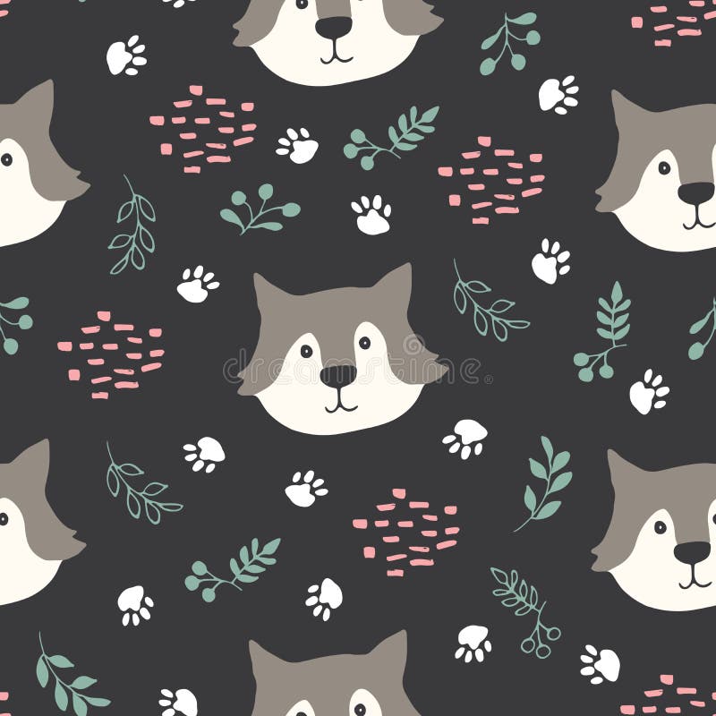 Cute Wolf Seamless Pattern. Cartoon Animals in Forest Background Stock ...