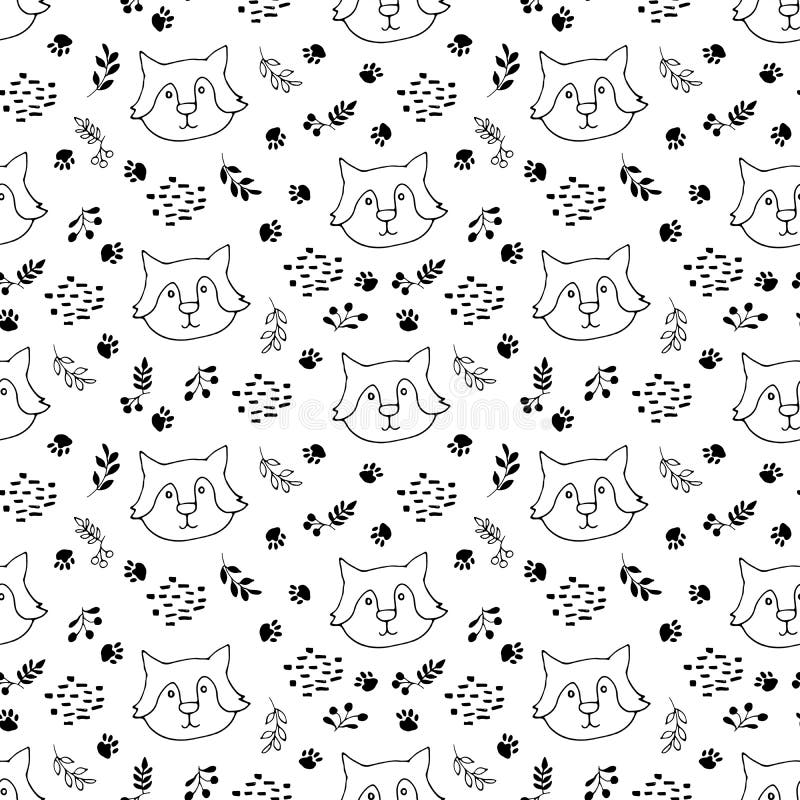 Cute Wolf Seamless Pattern. Cartoon Animals in Forest Background Stock ...