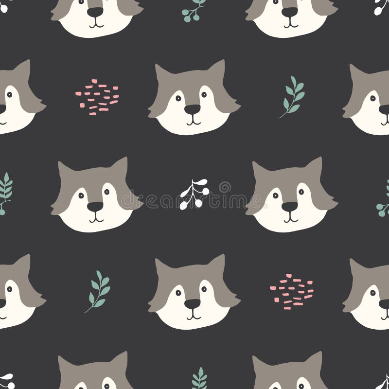 Cute Wolf Seamless Pattern. Cartoon Animals in Forest Background Stock ...