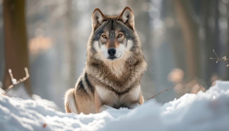 Cute Wolf Sitting in Snow, Looking at Camera, Surrounded by Nature ...