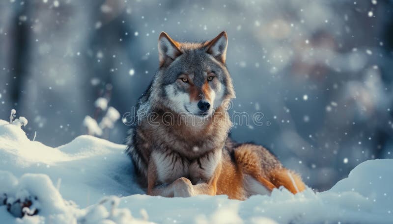 Cute Wolf Sitting in Snow, Looking at Camera, Surrounded by Nature ...